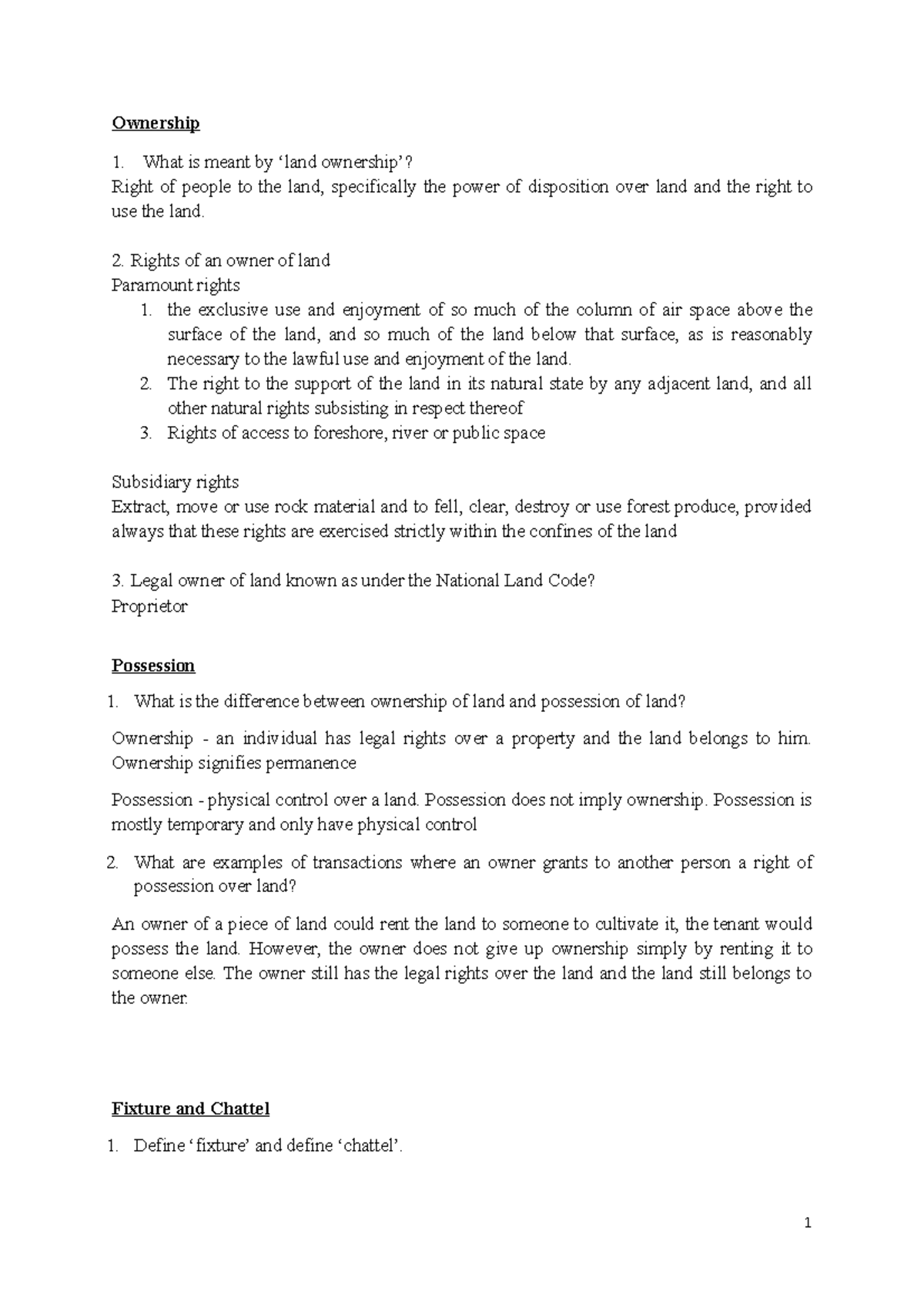 Land Law Terms: Ownership, Fixtures, and Dealings (LAW101) - Studocu