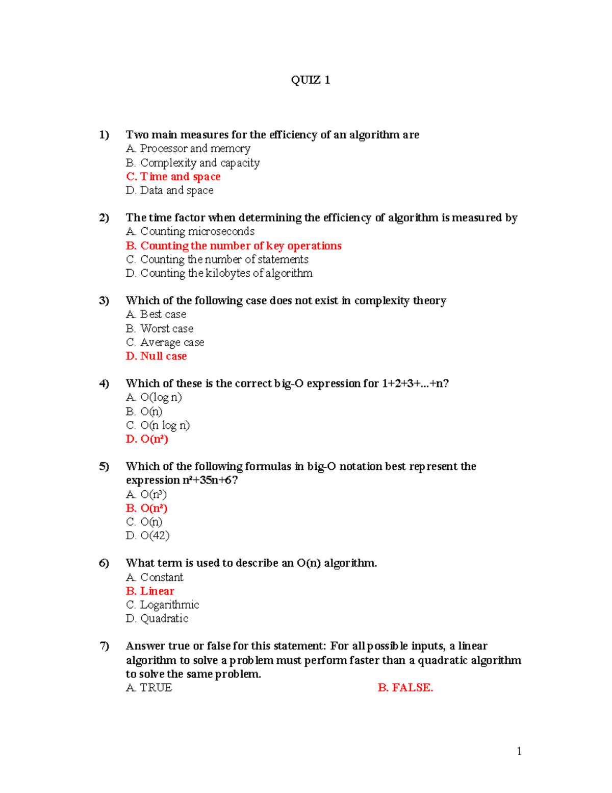 Quiz 1(1)-Introduction - QUIZ 1 1) Two main measures for the efficiency ...