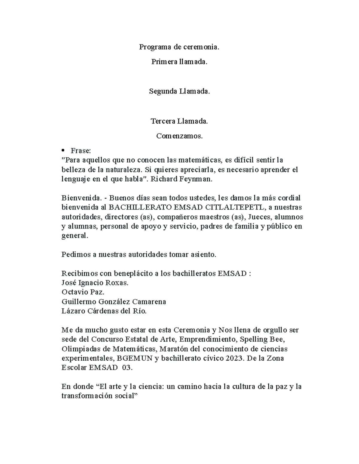 Programa de ceremonia cívica Concurso Estatal 2023 - EMSAD - Studocu