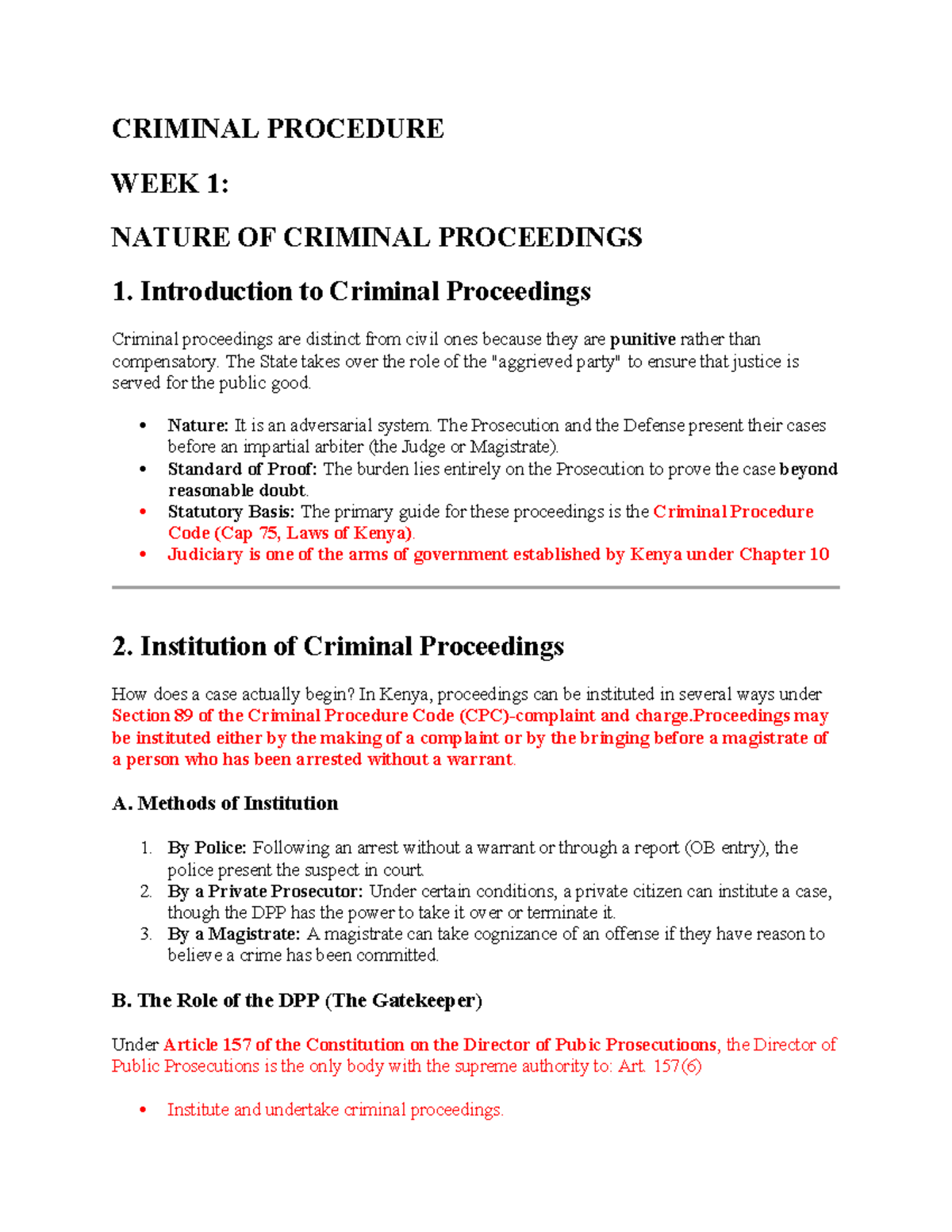 CRIMINAL PROCEDURE NOTES: WEEK 1 - NATURE OF CRIMINAL PROCEEDINGS - Studocu