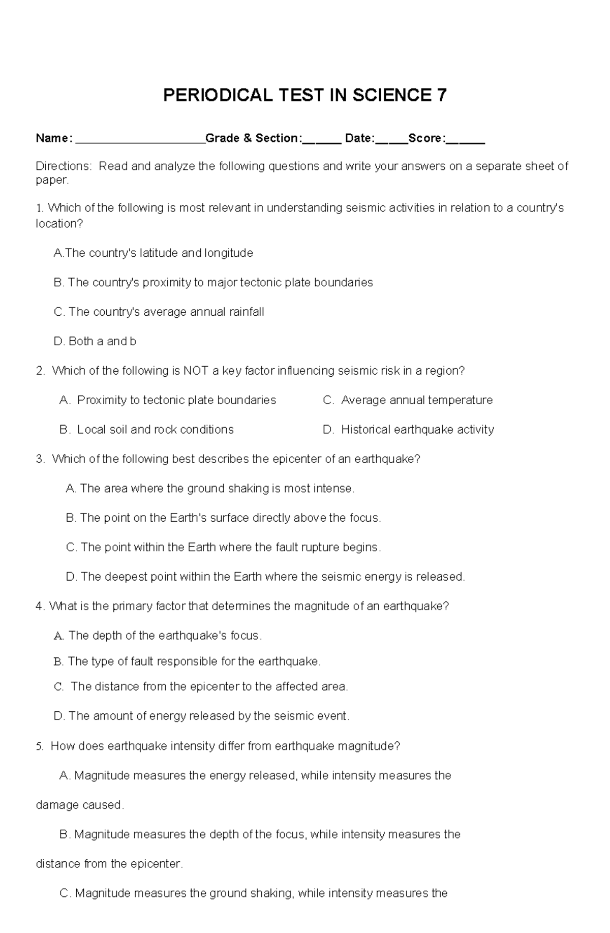 Grade 7 Science Periodical Test (4th Quarter) - SY 2024-2025 - Studocu