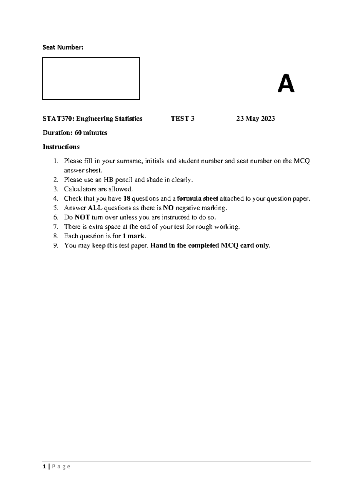 STAT370: Engineering Statistics Test 3 - May 23, 2023 Instructions ...