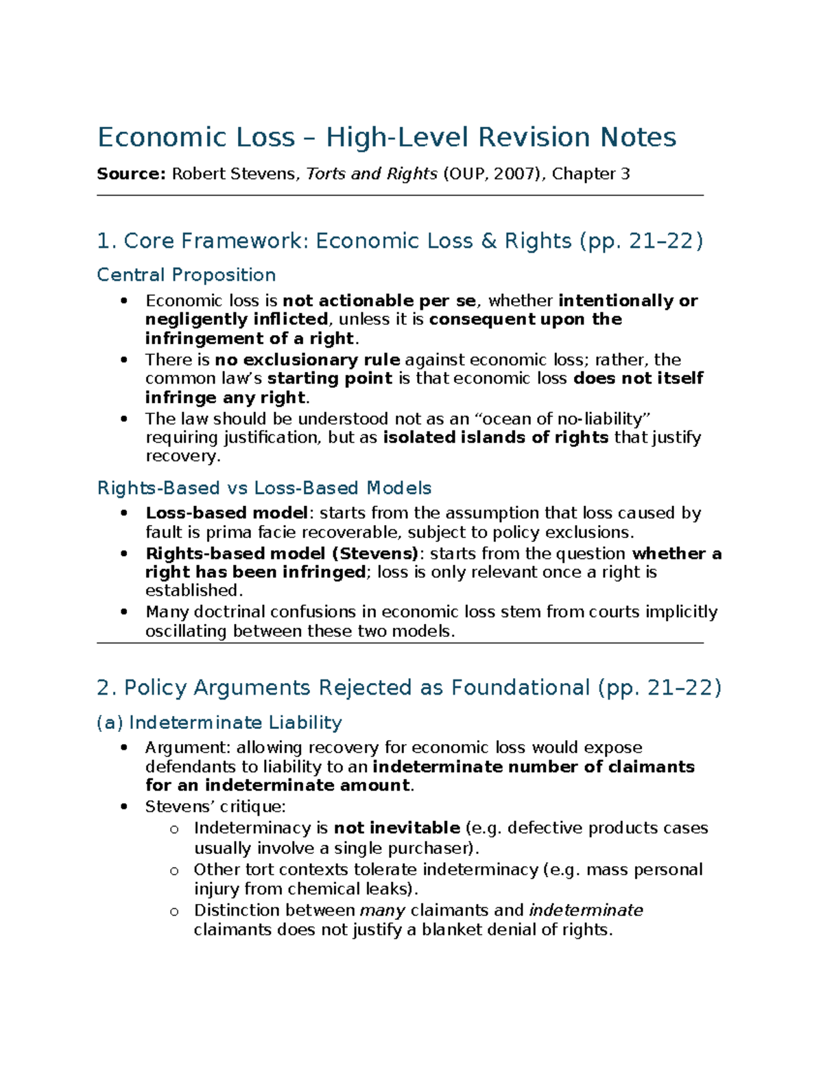 Economic Loss Revision Notes (Stevens, Torts & Rights, Ch 3) - Studocu