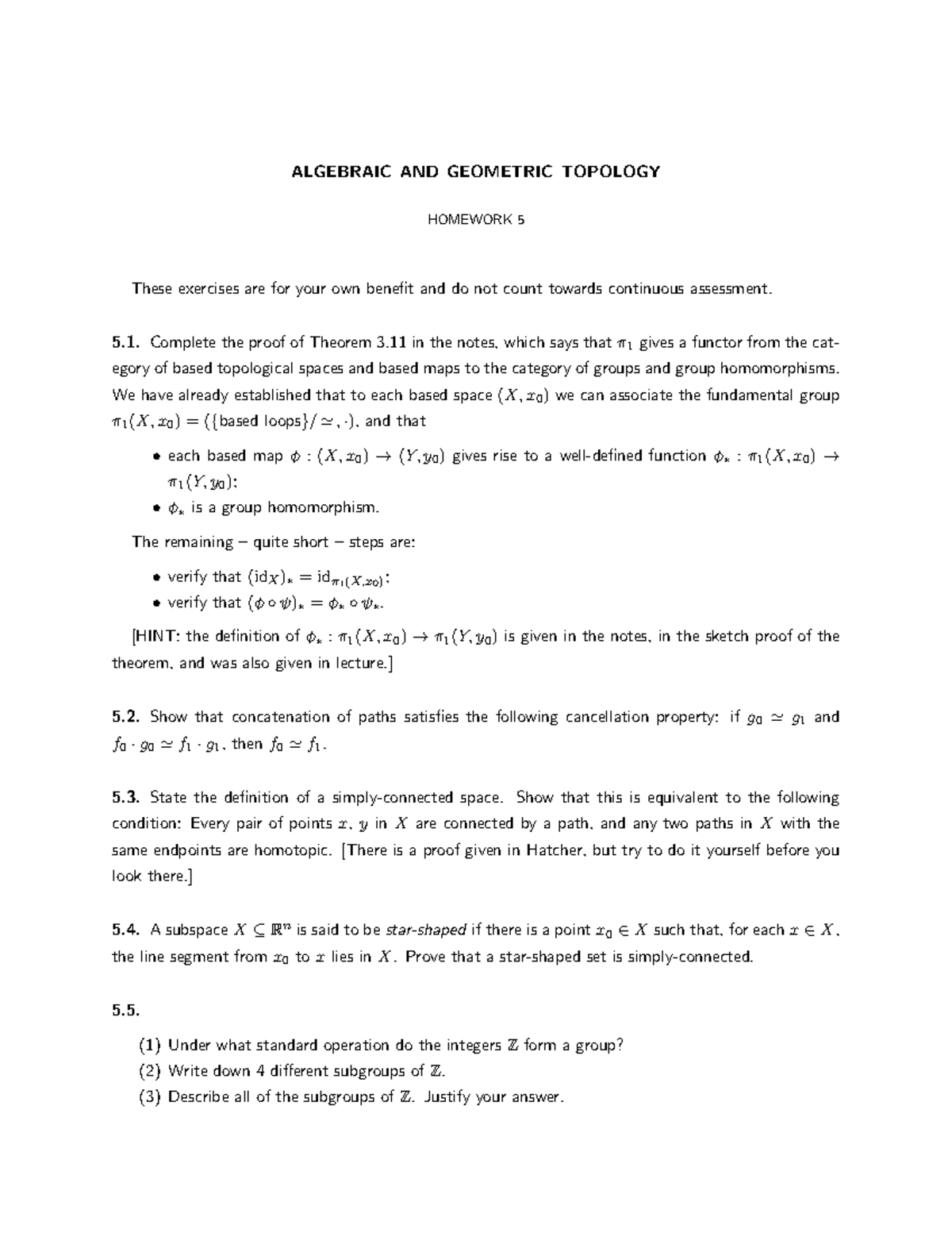 HW5 - Home-work 5 - ALGEBRAIC AND GEOMETRIC TOPOLOGY HOMEWORK 5 These ...