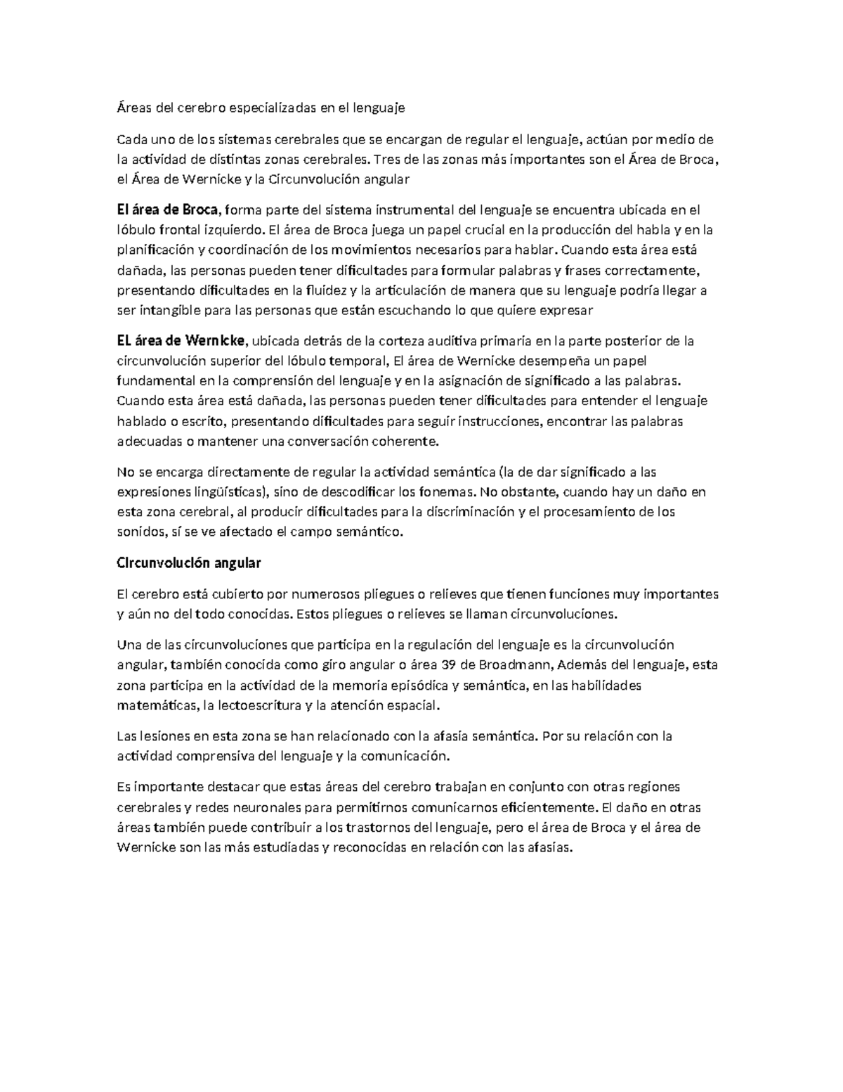 Afasia: Funciones del Área de Broca, Wernicke y Circunvolución Angular ...