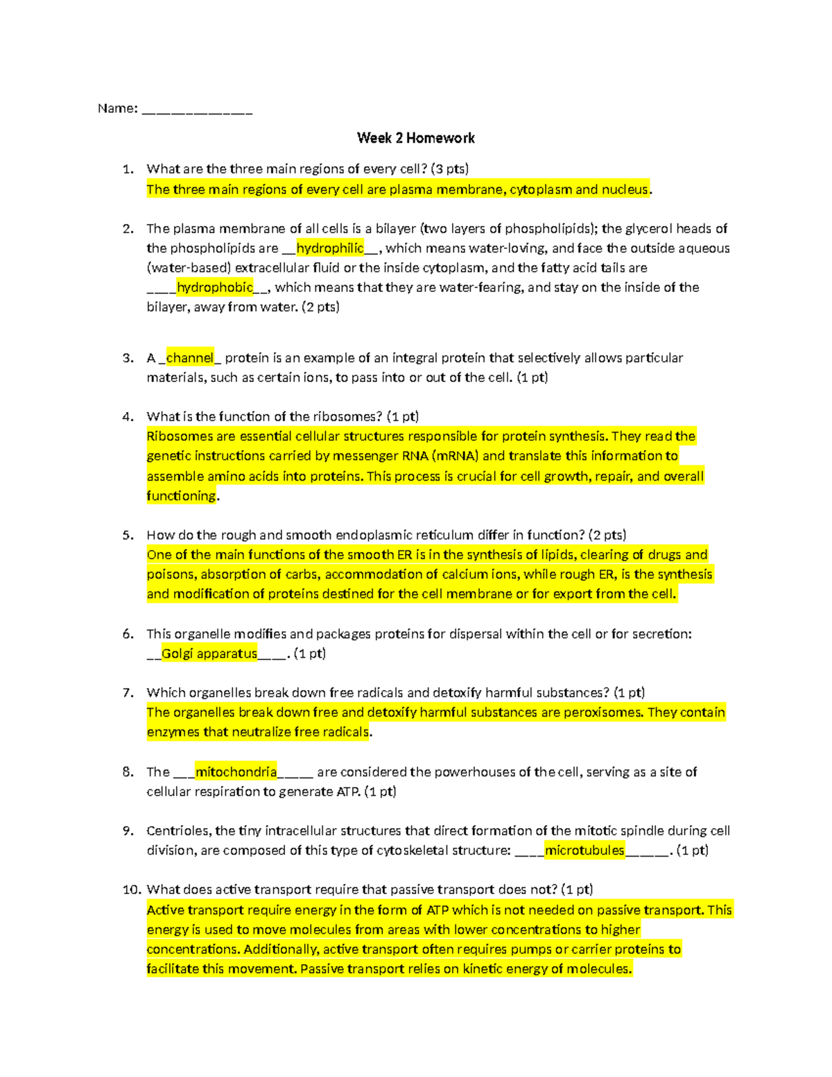 Week 2 Homework 6W - Cell Structure and Function Overview - Studocu