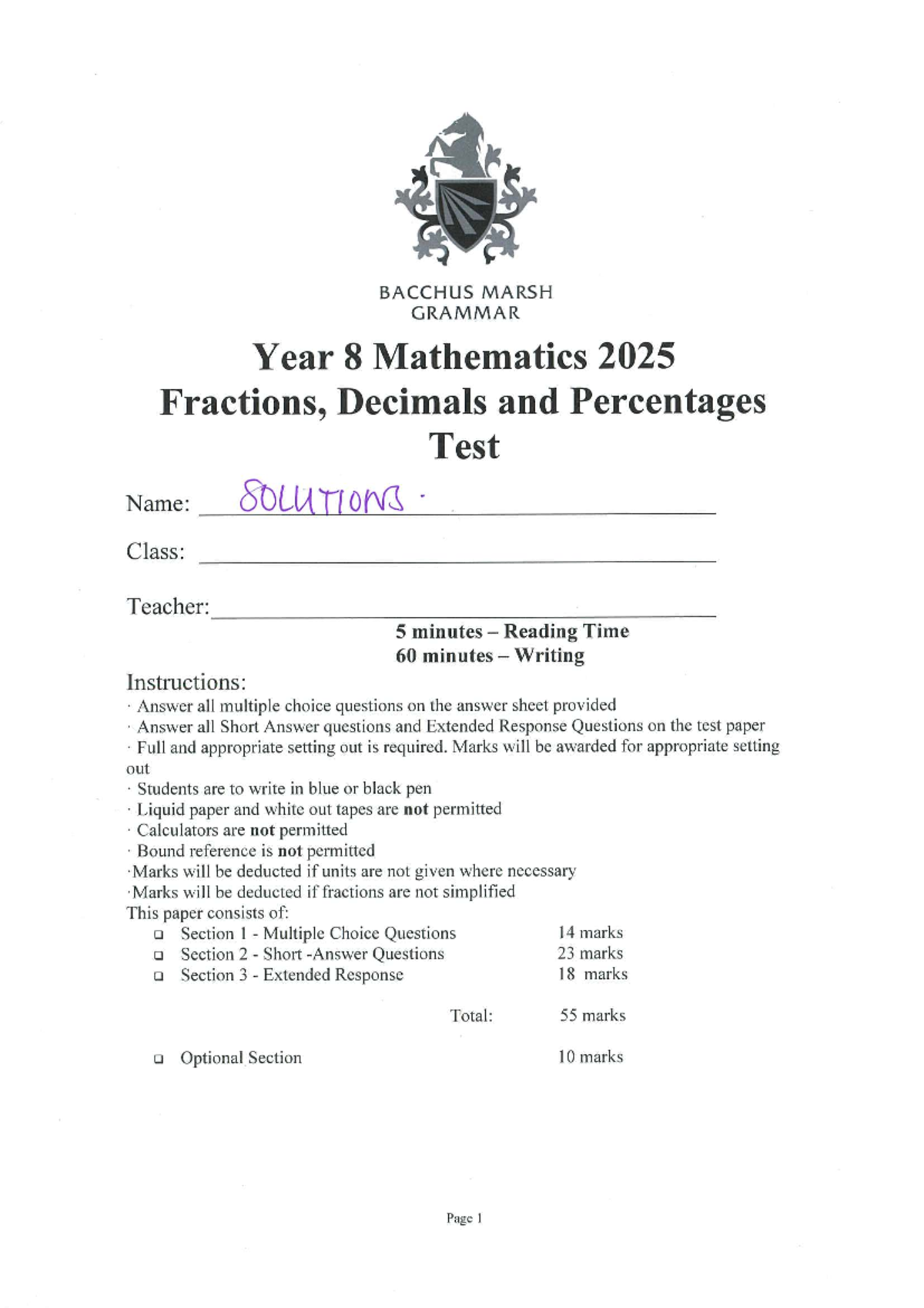 BACCHUS MARSH GRAMMAR Year 8 Math 2025 Test: Fractions, Decimals ...