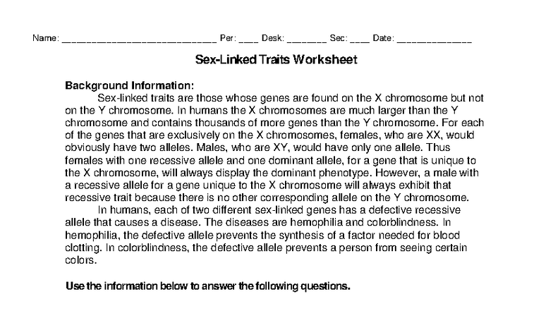 Sex-Linked Traits Worksheet Key - ASD - Studocu