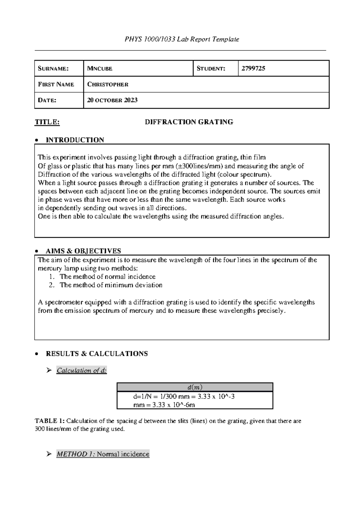 PHYS 2799725 Diffraction Grating Lab Report Template - Studocu