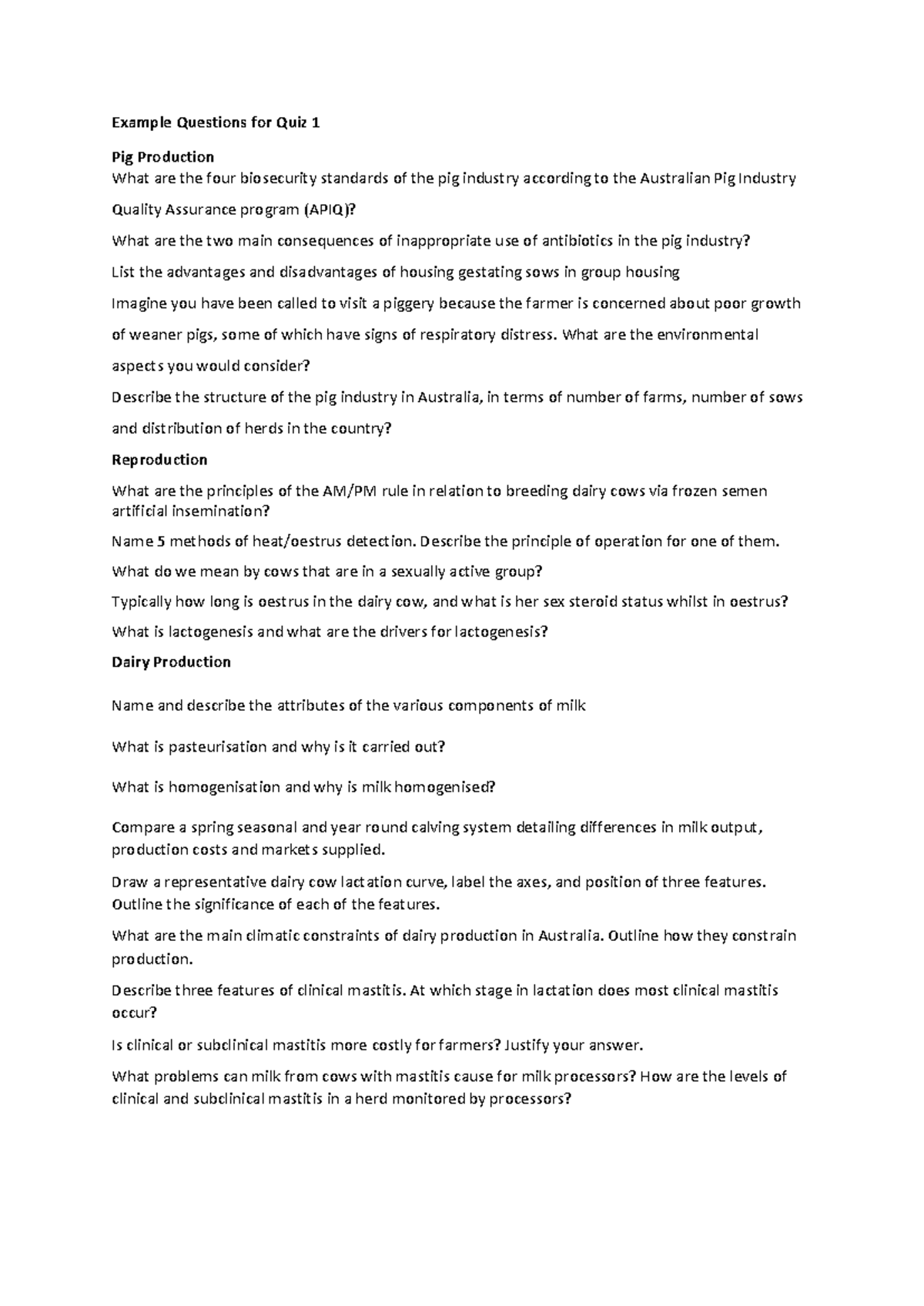 Quiz 1 Questions on Pig & Dairy Production Concepts - Studocu