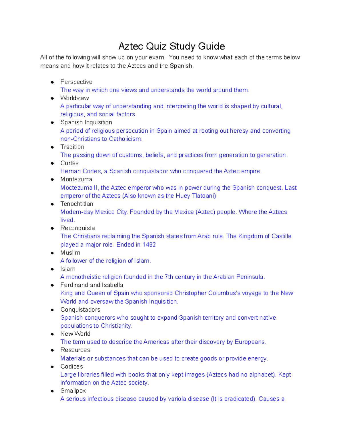 Aztec Unit Exam Study Guide for Understanding Conquest Dynamics - Studocu