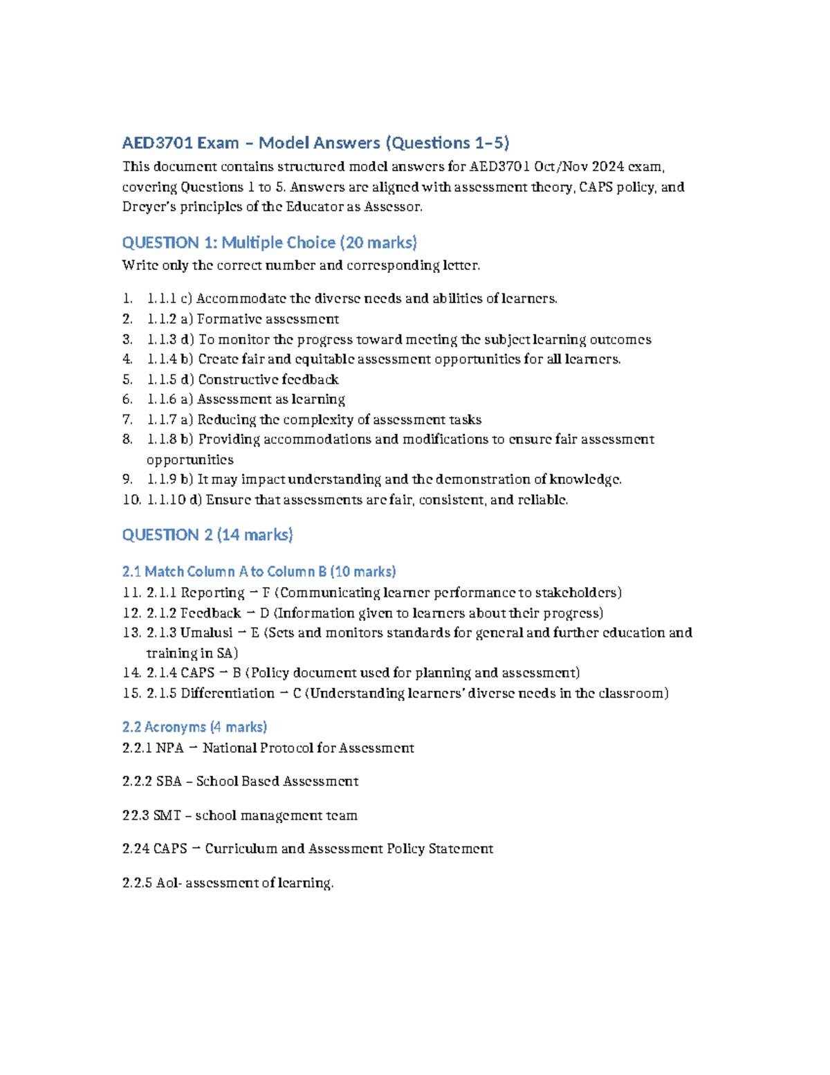 AED3701 Final Exam Model Answers for Questions 1 to 5 - Studocu