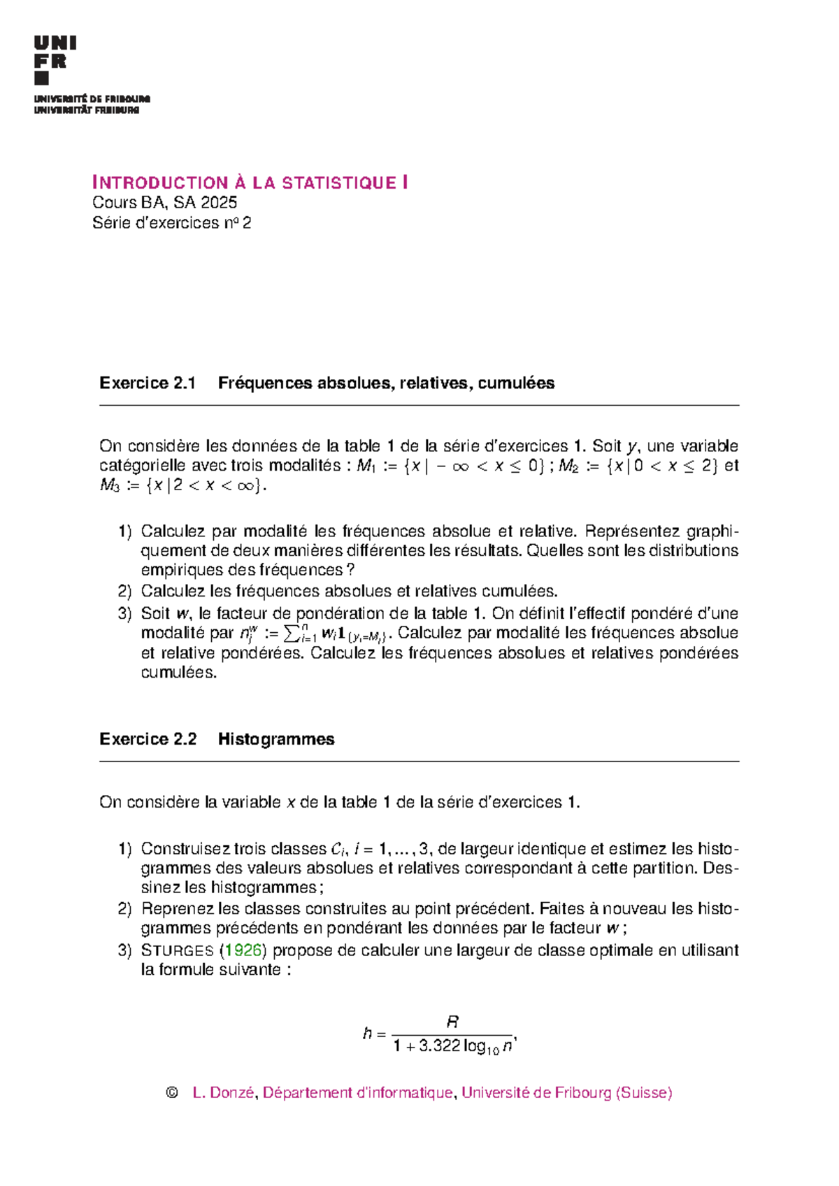 Introduction à la Statistique I - Exercice 2.1 à 2.3 - Cours BA, SA ...