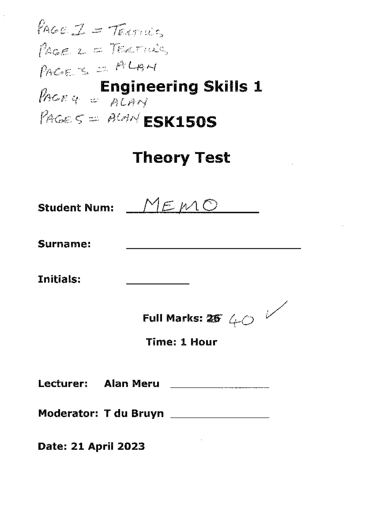 ESK150S Engineering Skills 1 Theory Test Memo - 2023 - Studocu