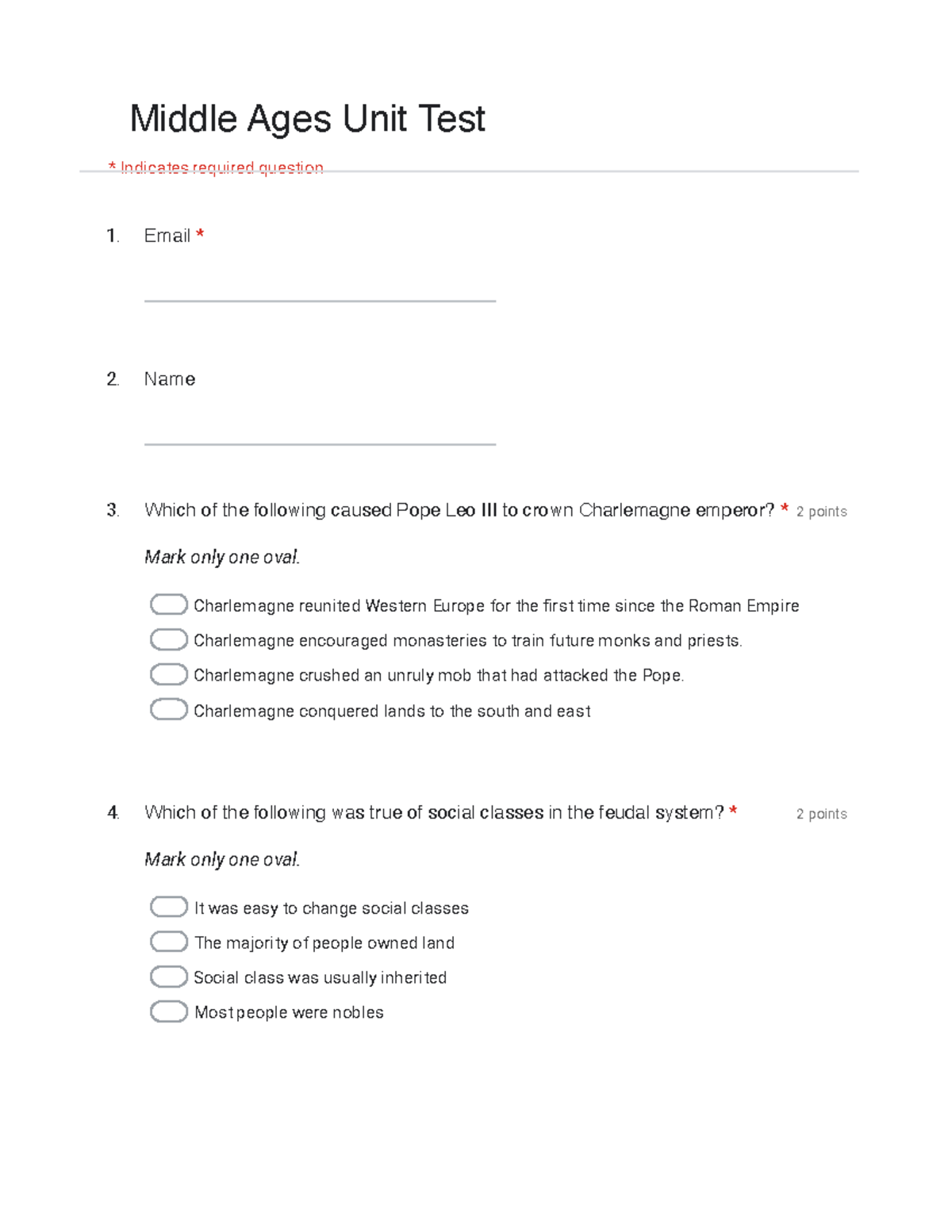 Middle Ages Unit Test - Key Concepts and Questions - 1. Email * 2. 3. 2 ...