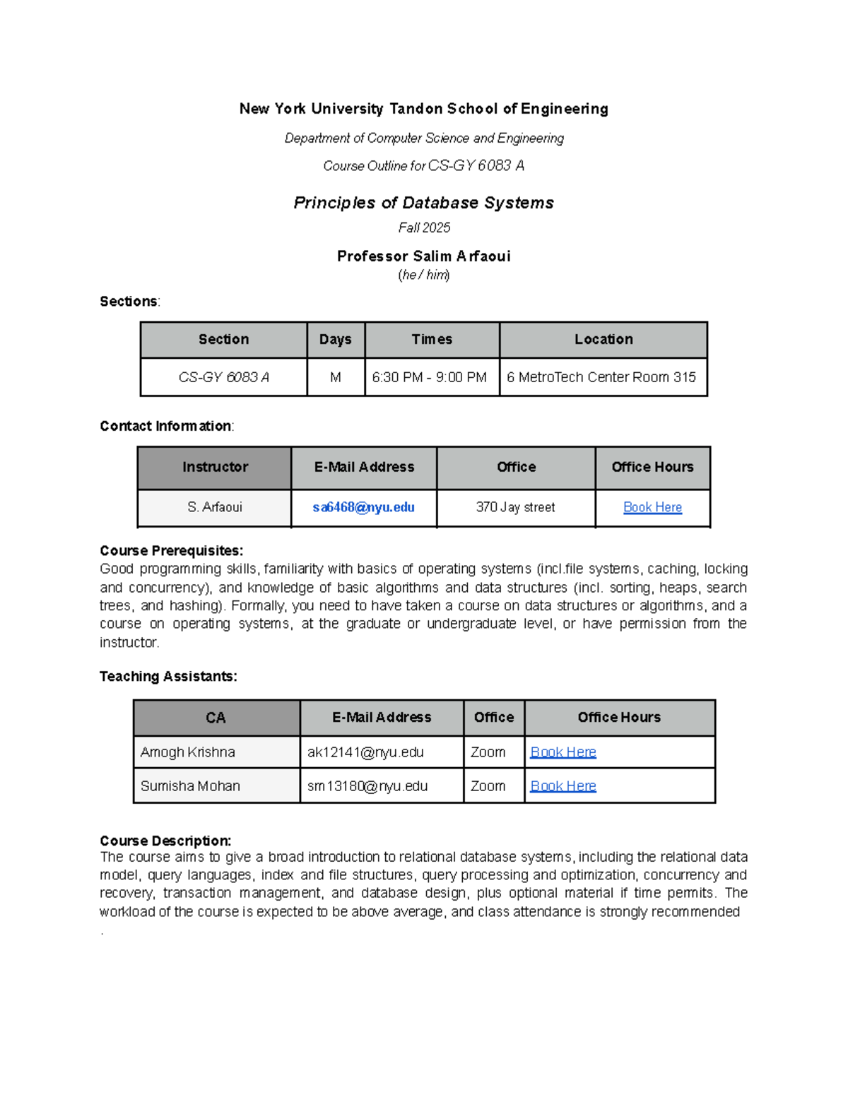 CS-GY 6083 A - Principles of Database Systems Course Outline Fall 2025 ...