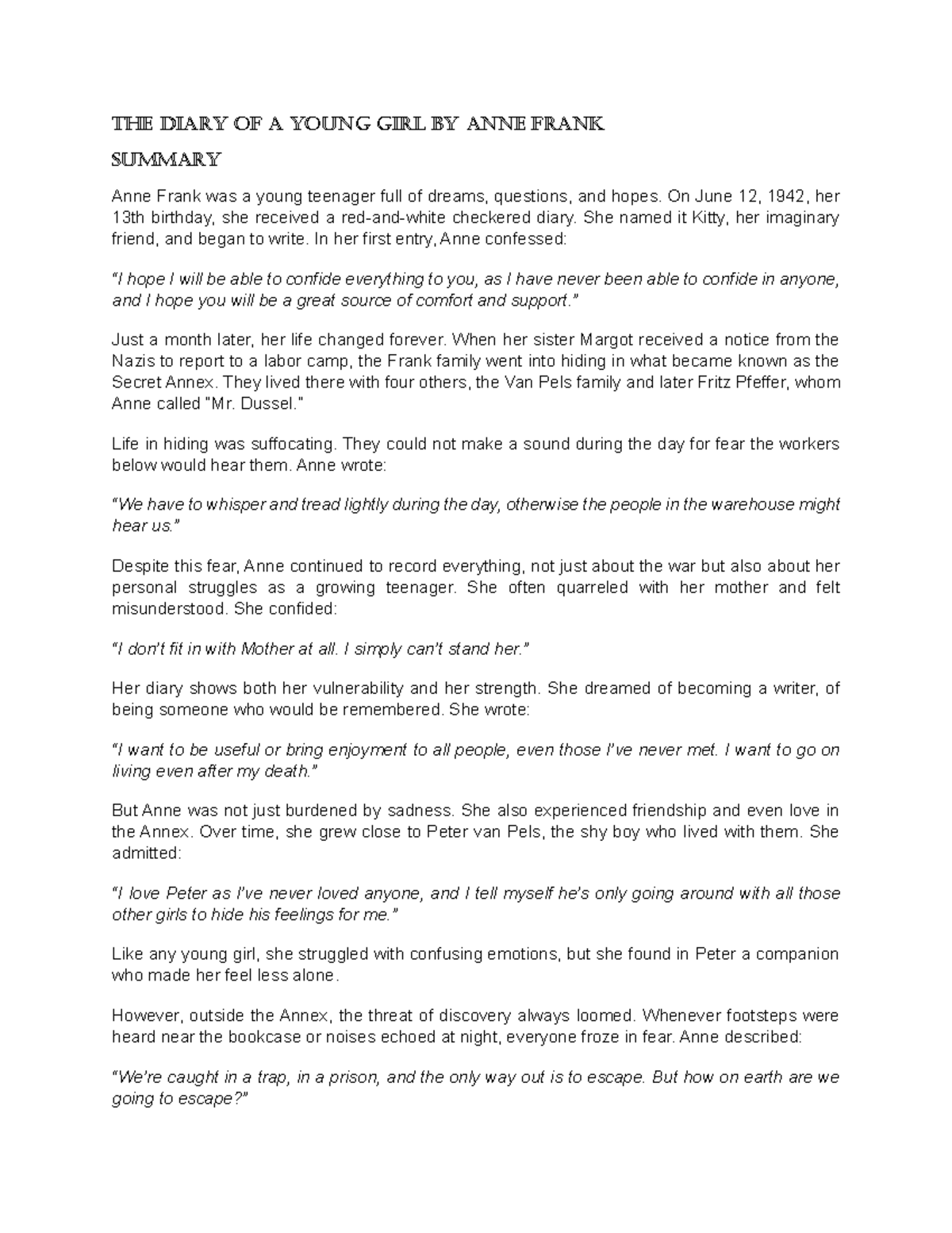 The Diary of a Young Girl: Summary of Anne Frank's Life - Studocu