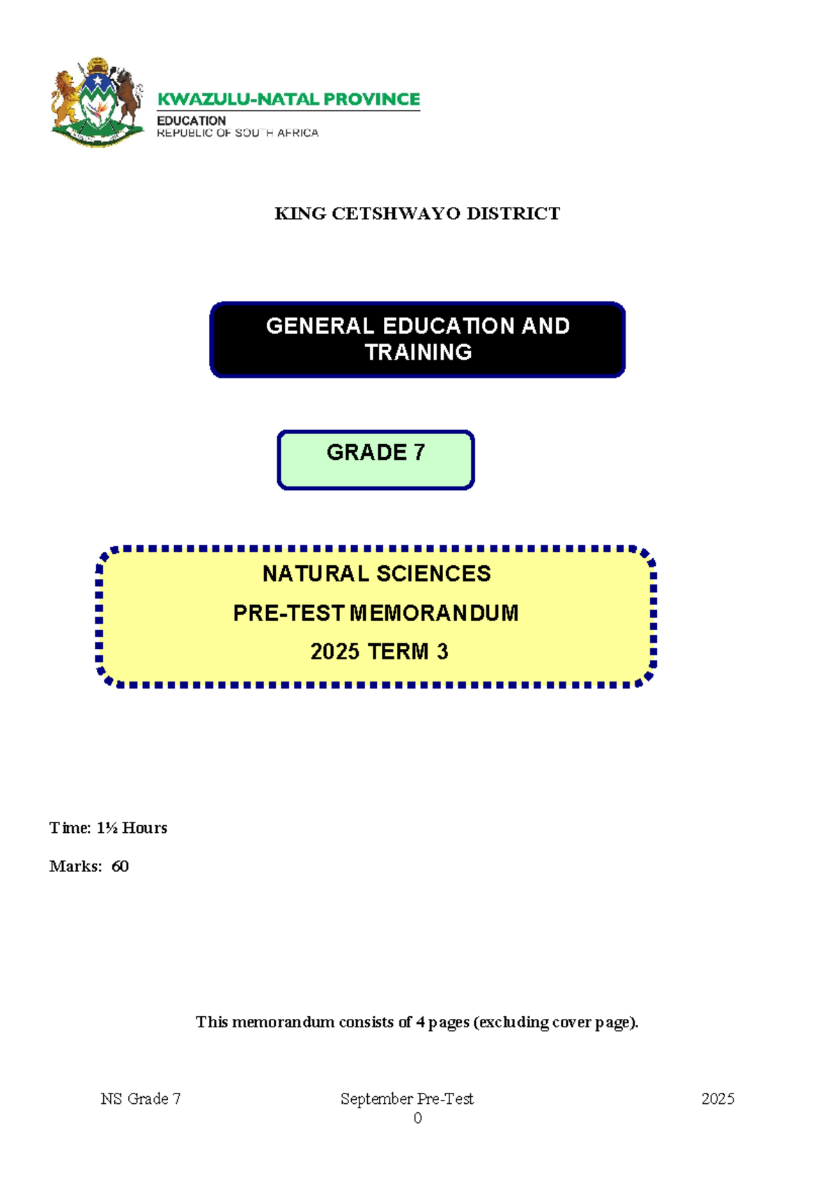 NS GR 7 Natural Sciences Pre-Test Memorandum 2025 Term 3 - Studocu