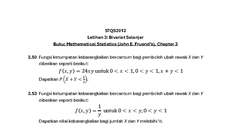 STQS2013 Latihan 3: Bivariat Selanjar dalam Matematik Statistik - Studocu