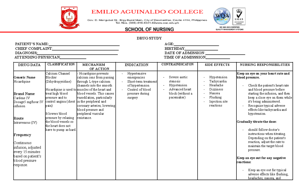 Nicardipine (Cardene IV) Drug Study - Mechanism & Nursing Care - Studocu