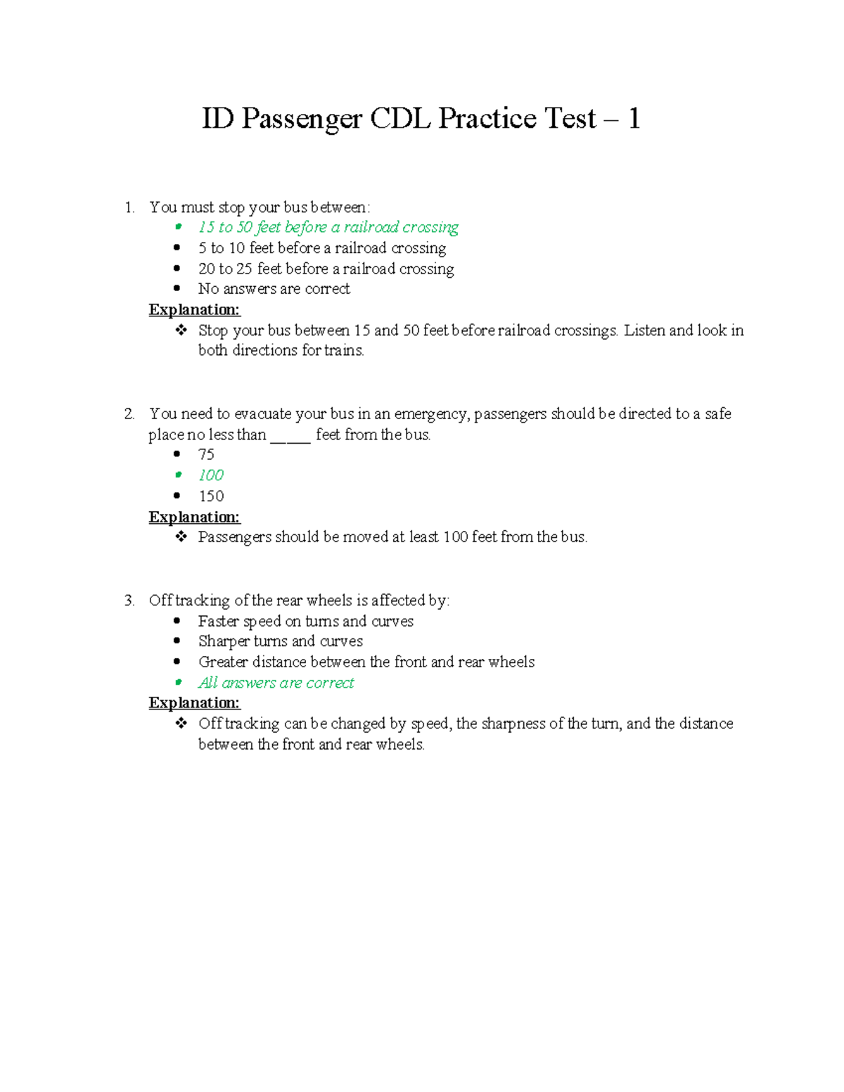 ID Passenger CDL Practice Test 1: Key Safety Guidelines - Studocu