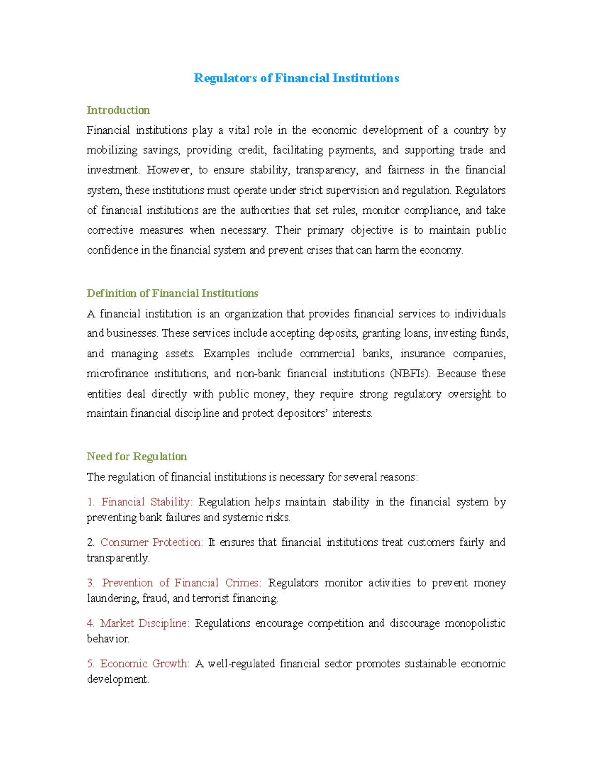 Regulators of Financial Institutions: An Overview (FIN 101 Assignment ...