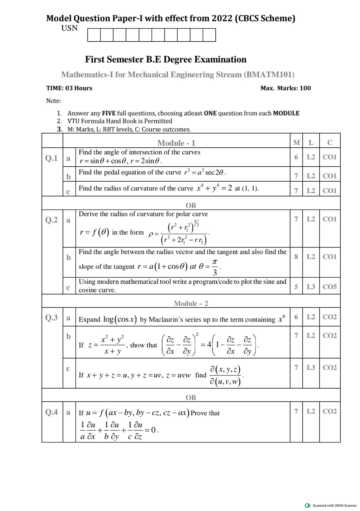 Model Question Paper for B.E. Mechanical Engineering (BMATM101) - 1st ...