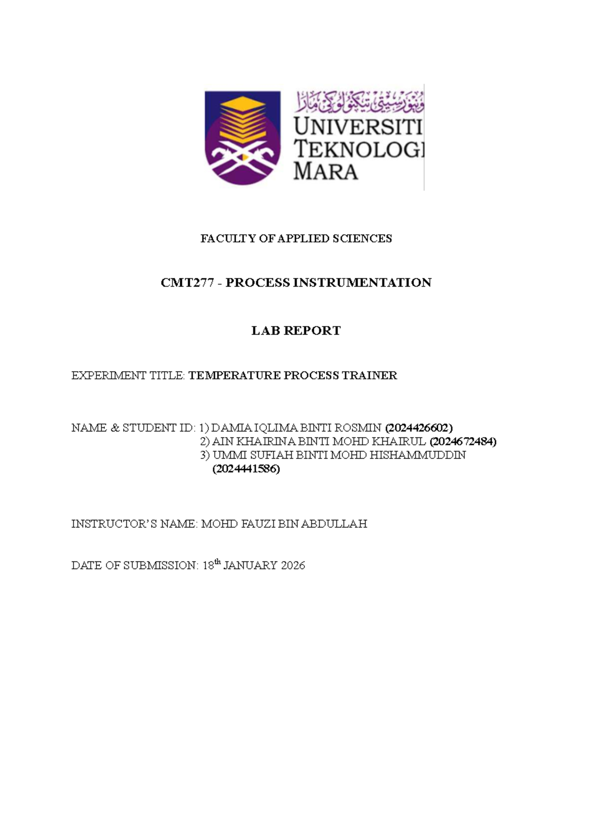 CMT277 Final Lab Report: Temperature Process Trainer Analysis - Studocu