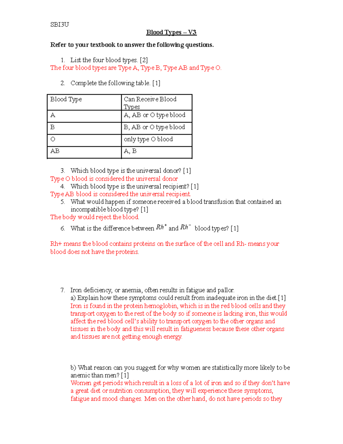 SBI3U Blood Types Worksheet and Sickle Cell Anemia Notes - Studocu