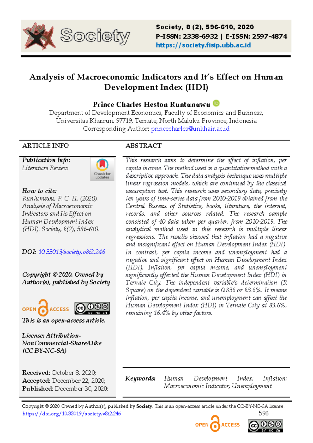 Analysis of Macroeconomic Indicators on HDI in Ternate City (2020 ...