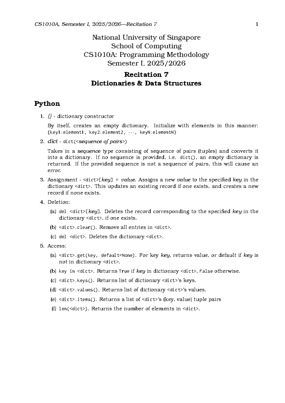 Recitation 7: Dictionaries in Python for CS1010A Semester I - Studocu