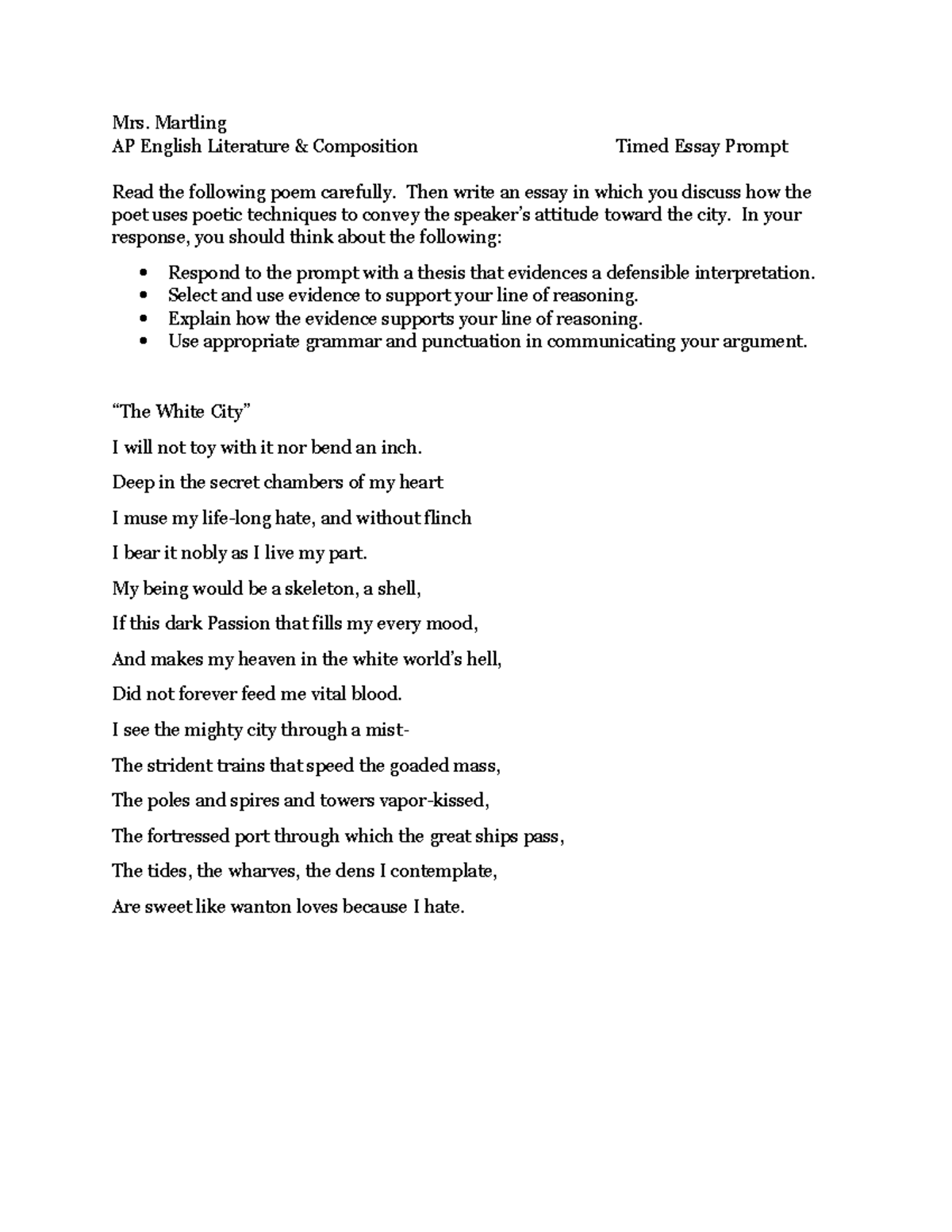 AP English Lit & Comp: Timed Essay - Analyzing 'The White City' - Studocu