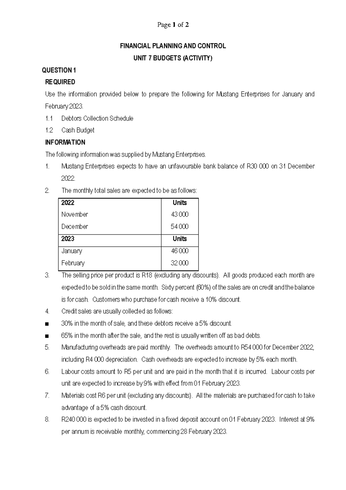 Unit 7 Financial Planning & Control: Budgeting Activity Questions - Studocu