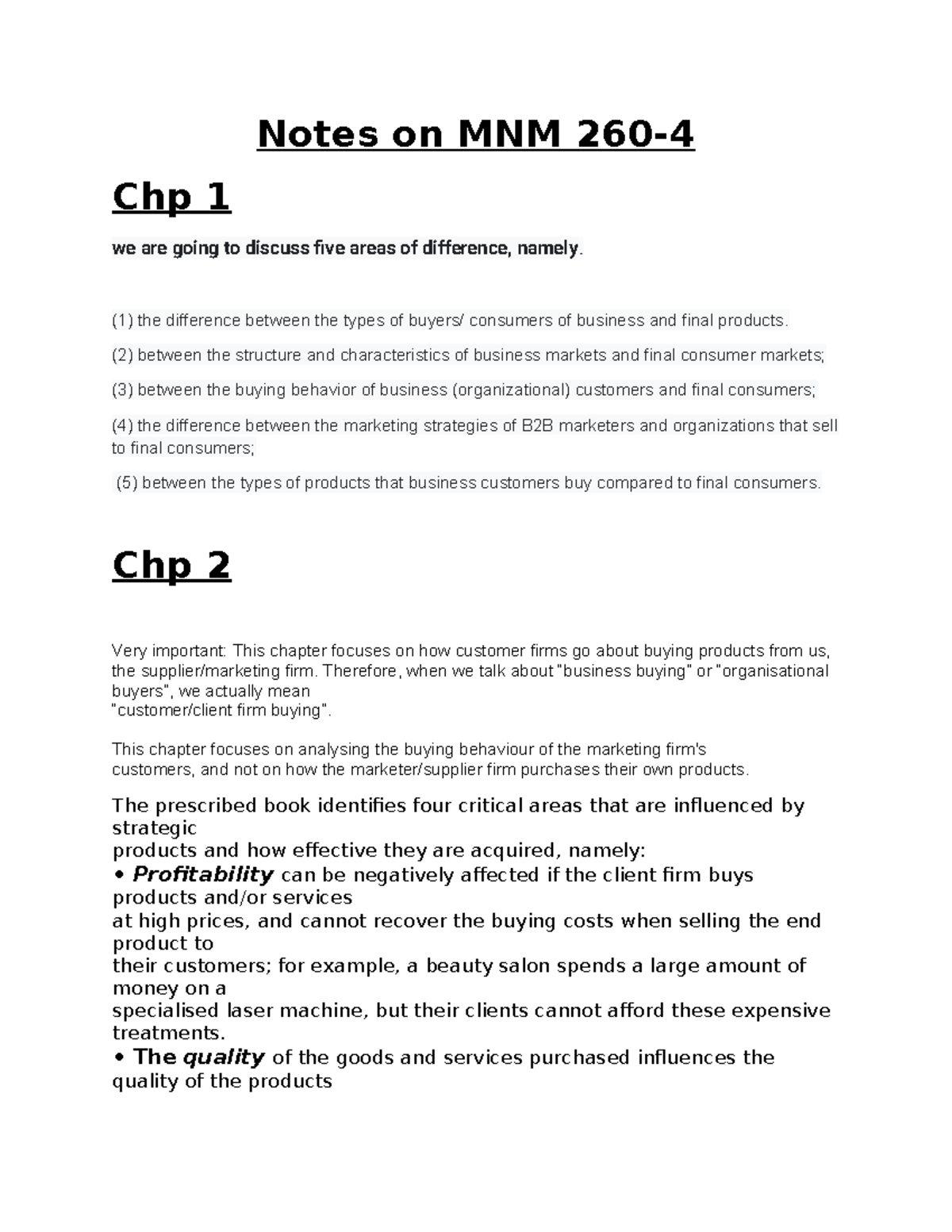 Notes on MNM 260-4: Key Insights from Chapters 1-9 on B2B Marketing ...