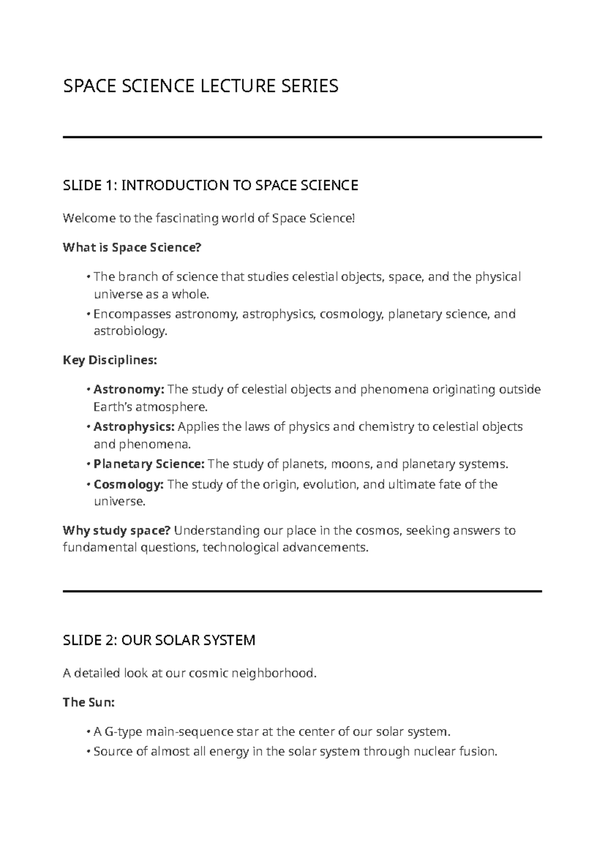 SPACE SCIENCE LECTURE SERIES: INTRO TO SPACE SCIENCE - Studocu