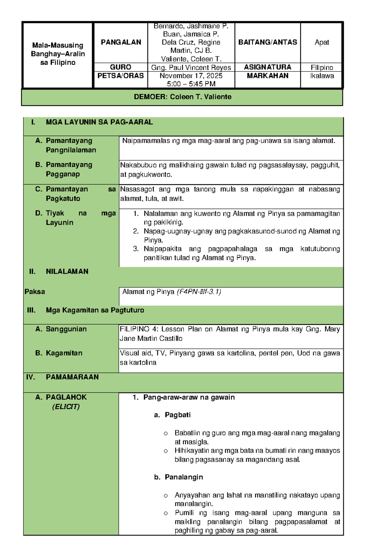 FILIPINO 4: Lesson Plan on Alamat ng Pinya (DLP) - Studocu