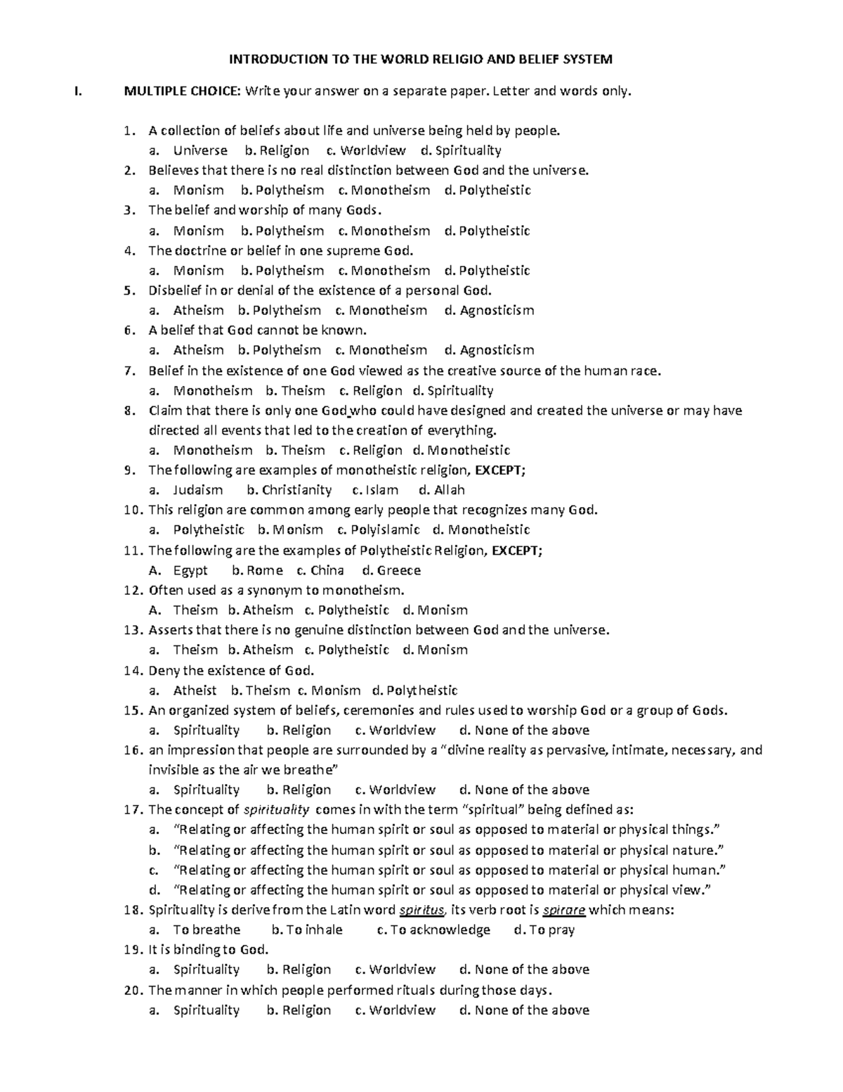 REL 101: Introduction to World Religions & Belief Systems - MCQ Guide ...