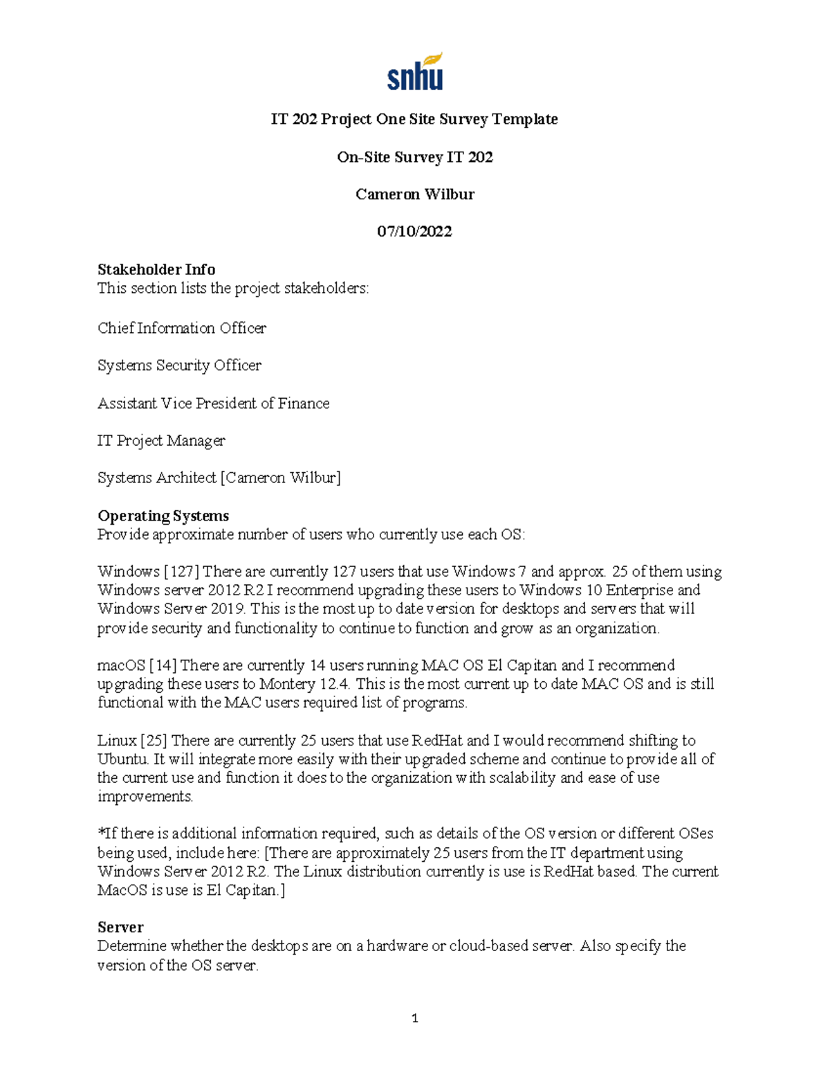 IT 202 Project One Final - IT 202 Project One Site Survey Template On ...