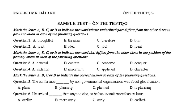 ENGLISH MR. HẢI ANH ÔN THI THPTQG SAMPLE TEST KEY - Studocu