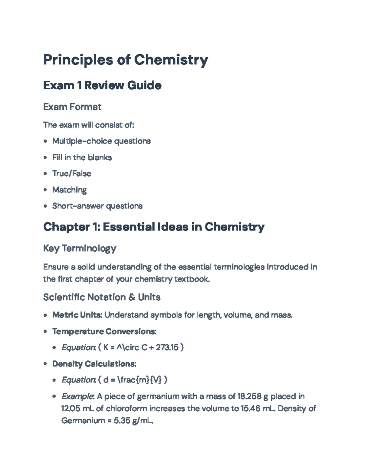 Chemistry 101: Exam 1 Review Guide (Ch. 1-3) Key Concepts & Tips - Studocu