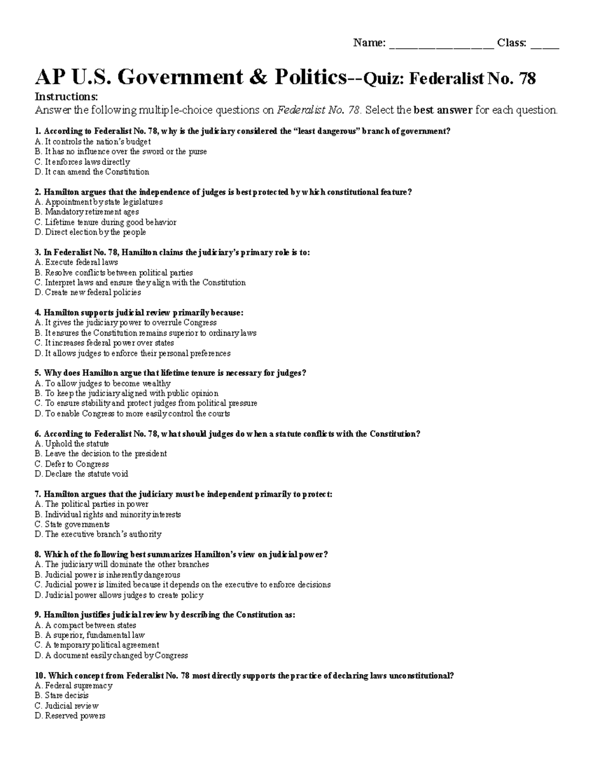Quiz on Federalist No. 78 - AP U.S. Government - Studocu
