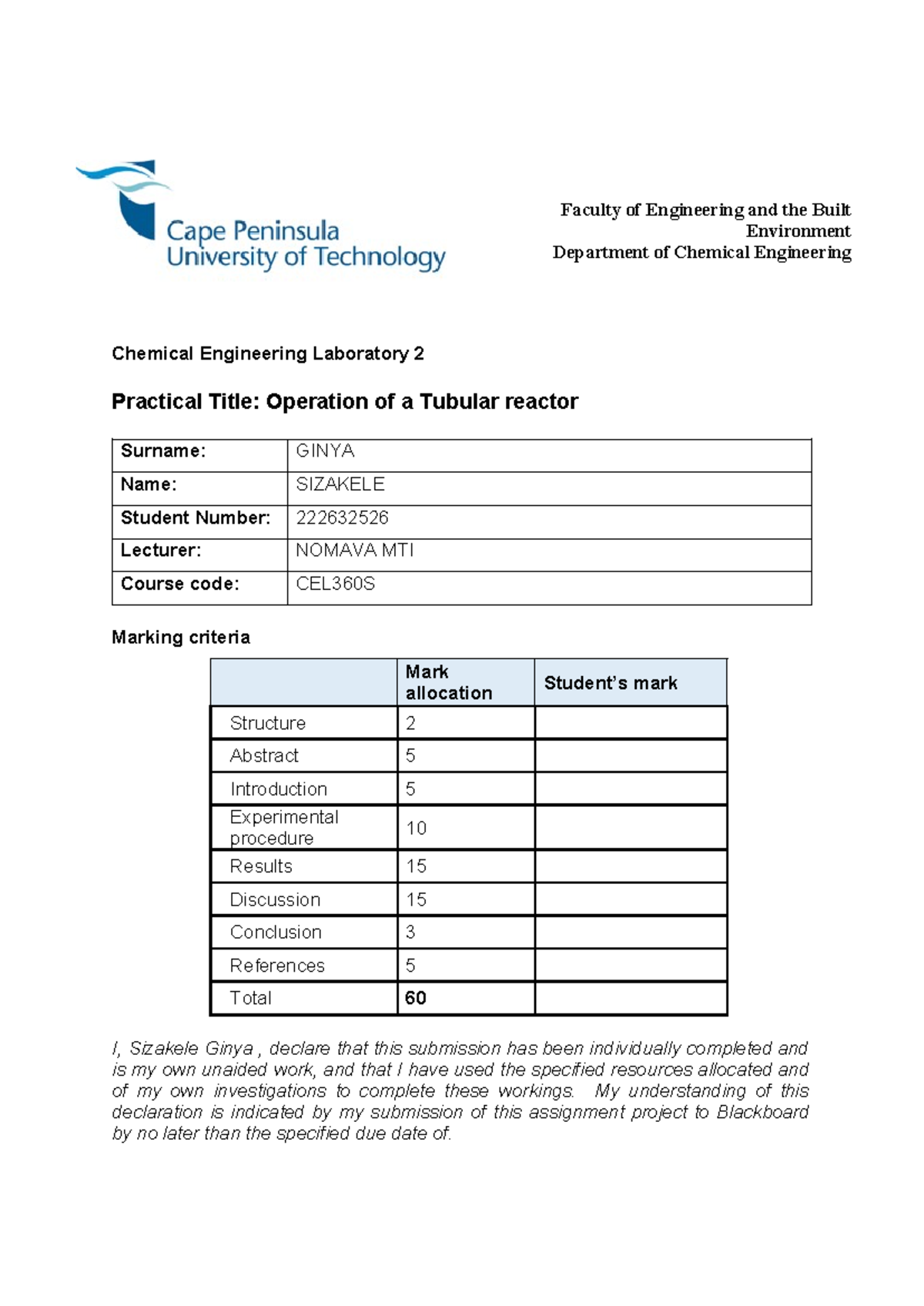 CEL360S: Short Report on Tubular Reactor Operation - Studocu