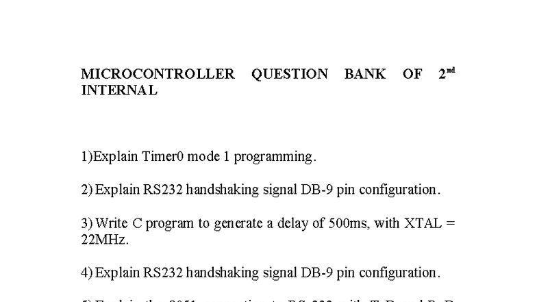 MICROCONTROLLER 2nd INTERNAL QUESTION BANK: Timer & RS232 Topics - Studocu
