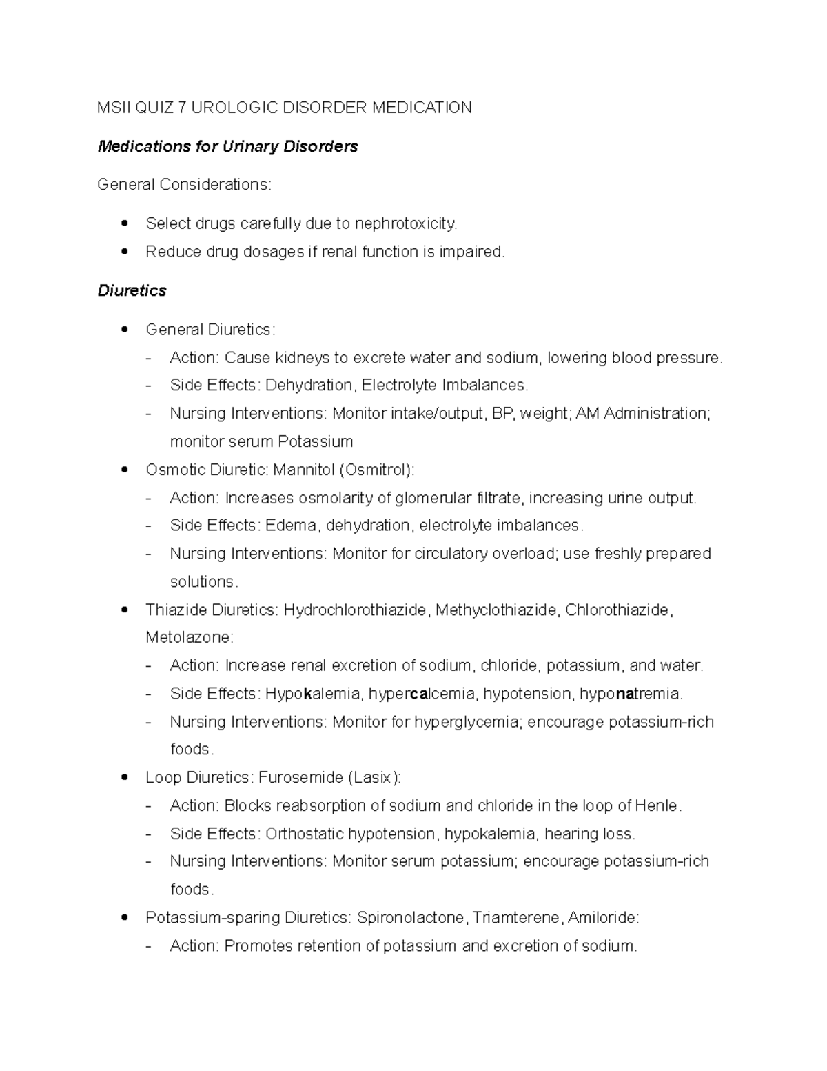 MSII QUIZ 7: Medications for Urologic Disorders Explained - Studocu