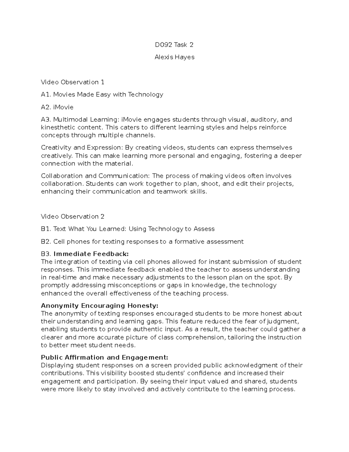 D092 Task 2 passed - D092 Task 2 Alexis Hayes Video Observation 1 A1 ...