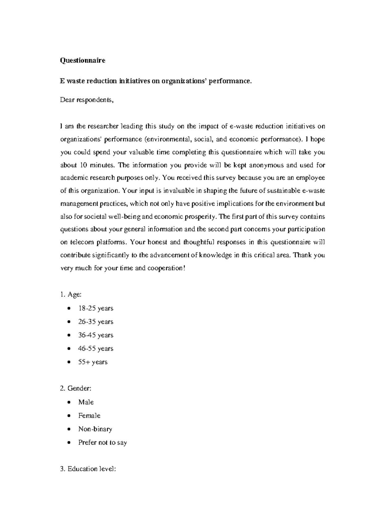 Question - complete - Questionnaire E waste reduction initiatives on ...
