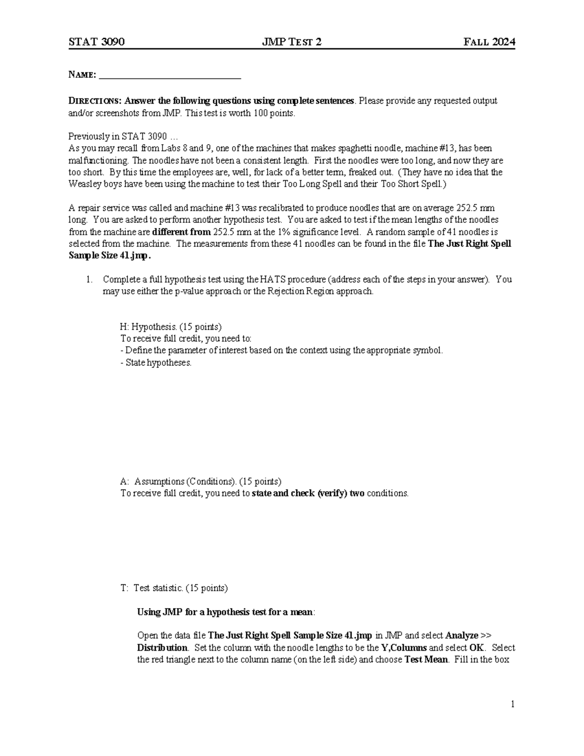 JMP Test 2 F24 - Hypothesis Testing for Noodle Lengths Analysis - Studocu