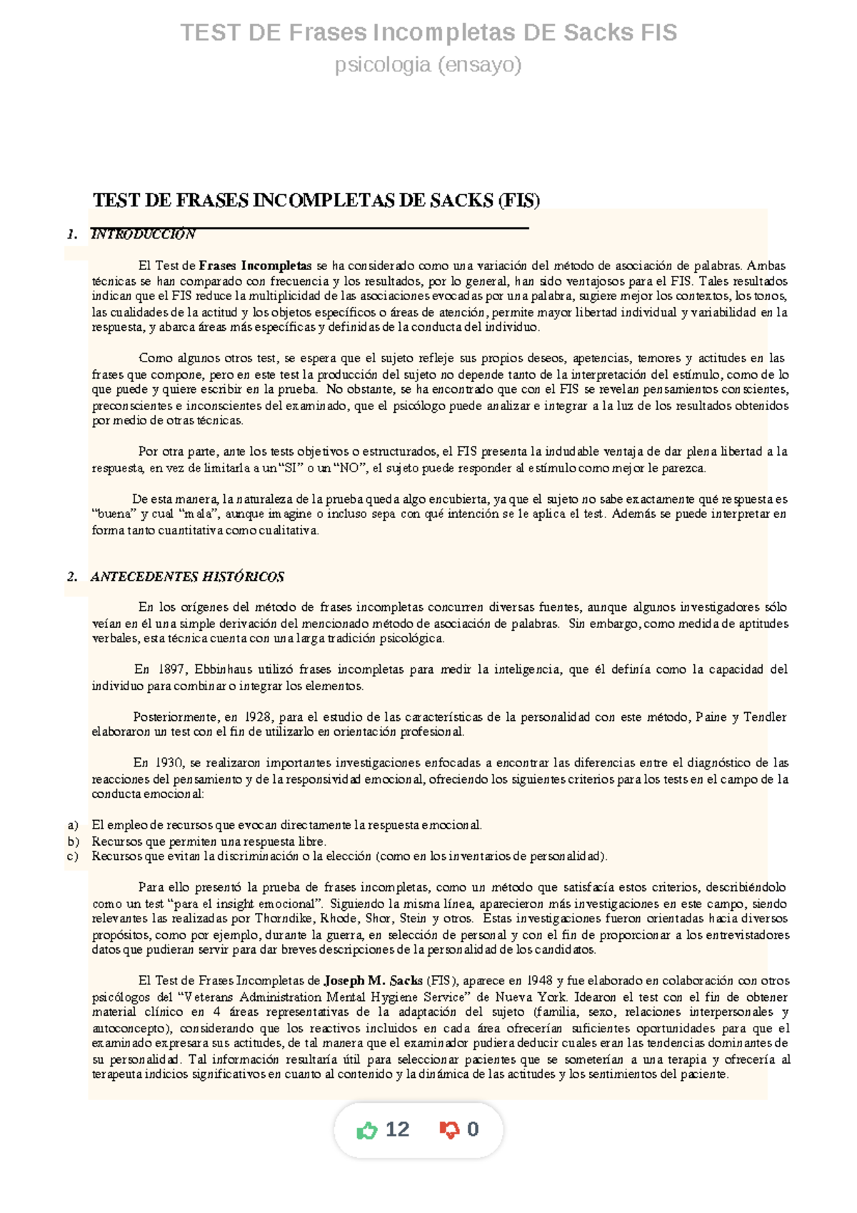 Test de Frases Incompletas de Sacks (FIS) en Psicología: Análisis ...