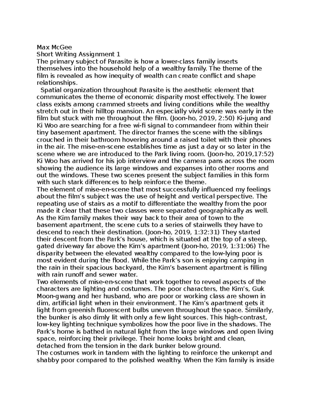 Max McGee Short Writing Assignment 1: Analyzing Parasite's Themes - Studocu