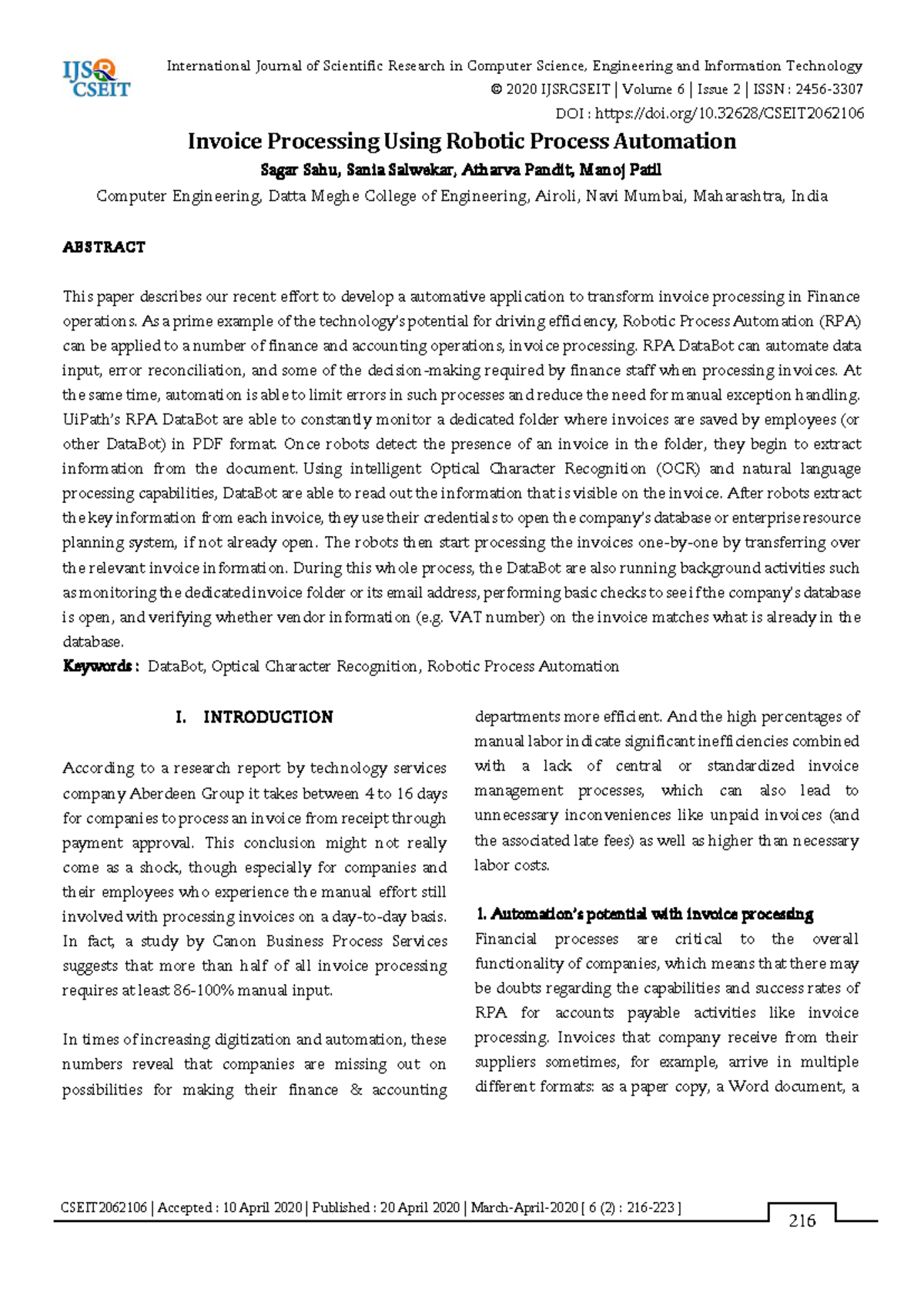 Invoice Processing Using Robotic Process - CSEIT2062106 | Accepted : 10 ...